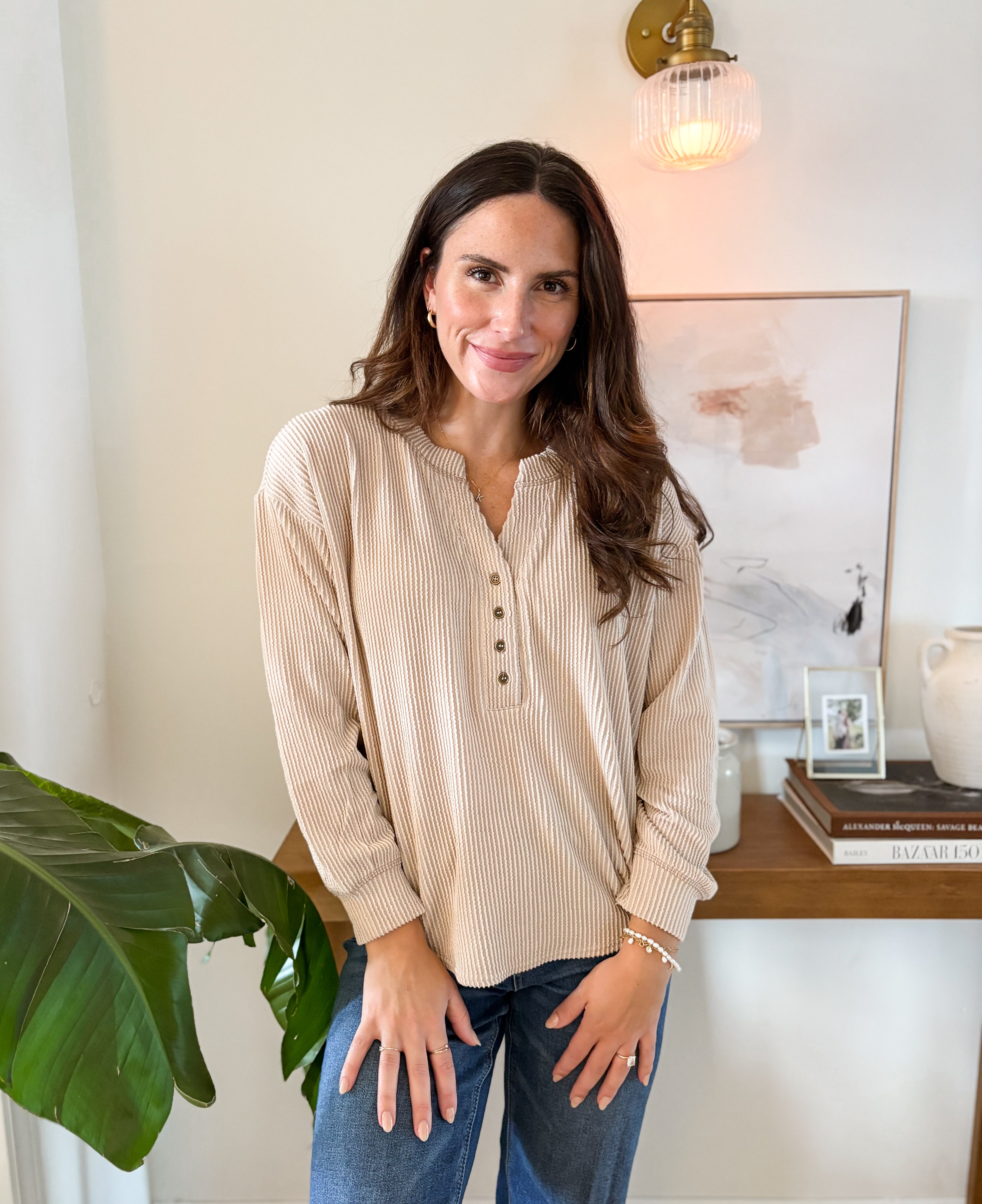 The Corrine Crew Neck Ribbed Long Sleeve Top in Light Khaki